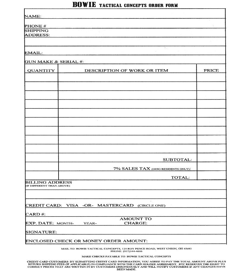 Bowie Tactical Concepts Order Form